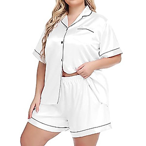 SWOMOG Women's Plus Size Pajama Set Silk Satin Pajamas Short Sleeve 2 piece Sleepwear Button Down Bride Loungewear Set White