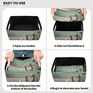 Kcldeci Rustic Rusty Horseshoe and Daisies on Old Wooden Storage Bins Baskets for Organizing, Sturdy Storage Basket Foldable Storage Baskets for Shelves Closet Nursery Toy