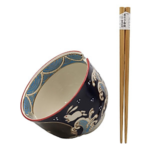 Ebros Gift Rabbits Jumping Over The Full Moon Ramen Udong Noodles 5" Diameter Bowl With Built In Chopsticks Rest and Bamboo Chopstick Set for Dining Soup Rice Meal Bowls Decor Kitchen