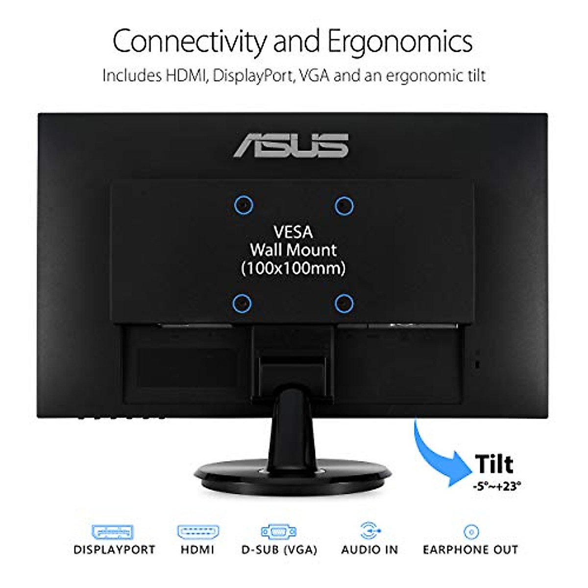 ASUS VA24DQ 23.8” Monitor, 1080P Full HD, 75Hz, IPS, Adaptive-Sync/FreeSync, Eye Care, HDMI DisplayPort VGA, Frameless, VESA Wall Mountable ,BLACK