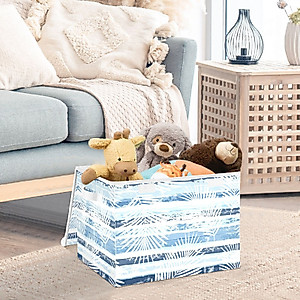 Blue Stripes Leaf Large Storage Bins with Lid Collapsible Storage Bin Storage Basket Organizer Rectangle Storage Bin for Home Office Dorm Shelf
