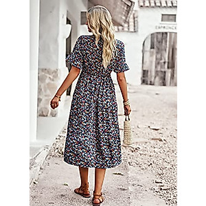 Vaiaye Women Short Sleeve Floral Boho Dress Summer Sundress Casual Wrap V Neck A-Line Bohemian Maxi Dresses Royal Blue