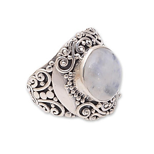 NOVICA Artisan Handmade Rainbow Moonstone Cocktail Ring from Bali Sterling Silver Indonesia [ring Front 0.9 in L x 0.8 in W x 0.3 in H Band Width 3 mm W] ' Nighttime Garden'