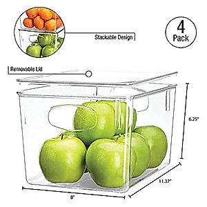 Sorbus Plastic Storage Clear Bins with Lid, Stackable Pantry Organizer Box Bin Containers for Organizing Kitchen Fridge, Food, Snack Pantry Cabinet, Fruit, Vegetables, Bathroom Supplies 4 Pack
