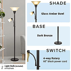 Catalina 18223-002 Transitional Metal Uplight Floor Lamp with Reading Light and Glass Shades, 71", Bronze