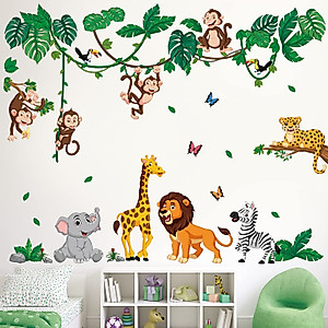 DECOWALL DSL-8069 Jungle Animal Cartoon Wall Decals Elephant Monkey Giraffe Lion Forest Stickers for Kids Baby Nursery Bedroom Playroom Living Room Decor DIY Art