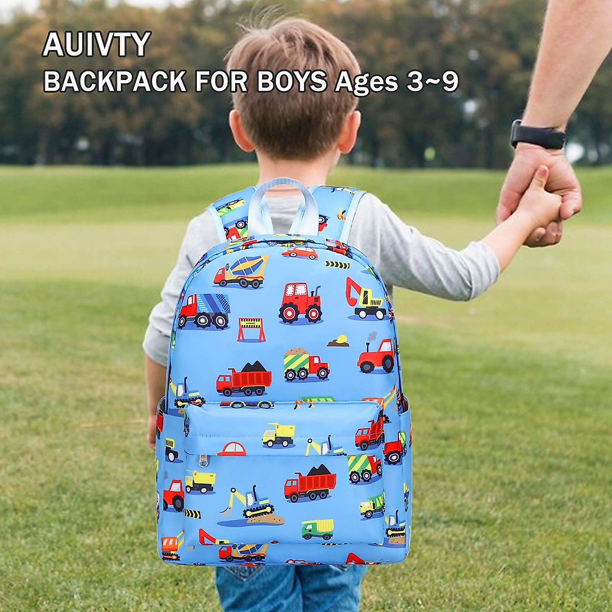 AUIVTY Preschool Backpack for Boys, Kids Backpack with Lunch Box Construction Backpack for Preschool Kindergarten Daycare and Travel, Car School Bookbag with Chest Buckle (Construction-Light Blue)