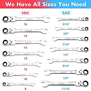 Towallmark 14-Piece Flex-Head Wrench Set, Ratcheting Combination Set, SAE 5/16"-11/16""& Metric 8-16mm, 72-Teeth,Cr-V Steel Ratchet Wrenches Set with Storage Bag for truck/garage projects, etc.