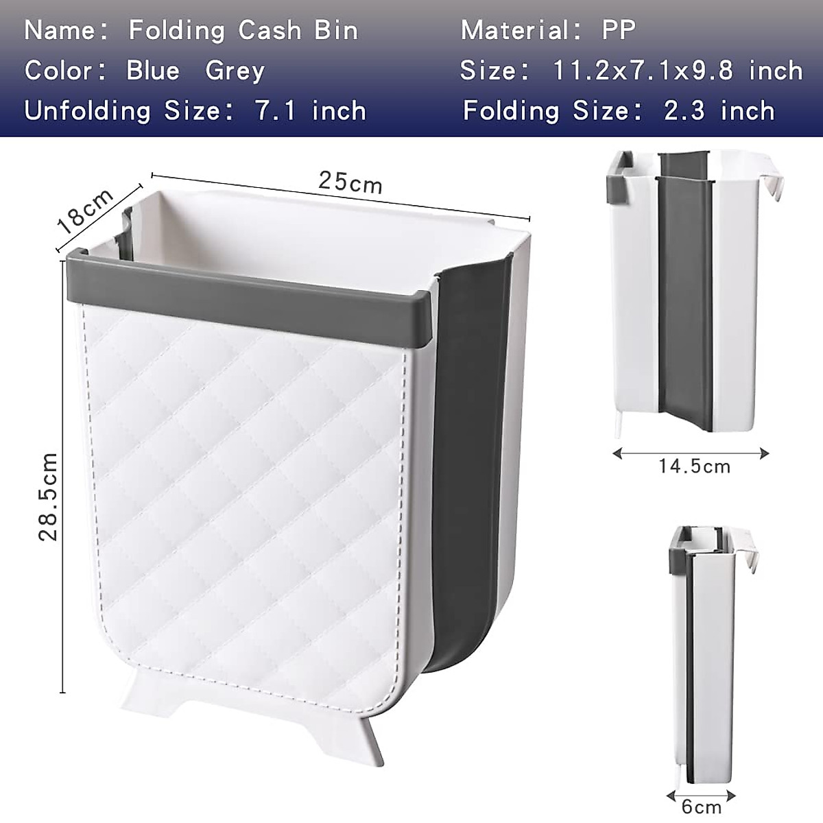 Hanging Folding Garbage Bin 2.4 Gallon Waste Bin, Plastic Waterproof Small Trash Can for Kitchen Bedroom Bathroom White and Blue