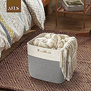 AELS Hand Woven Cotton Baskets for Storage, Cube Storage Bins with Handles, Foldable Collapsible Closet Organizers and Storage, Boho Farmhouse Storage Cubes for Shelves, Beige and Gray