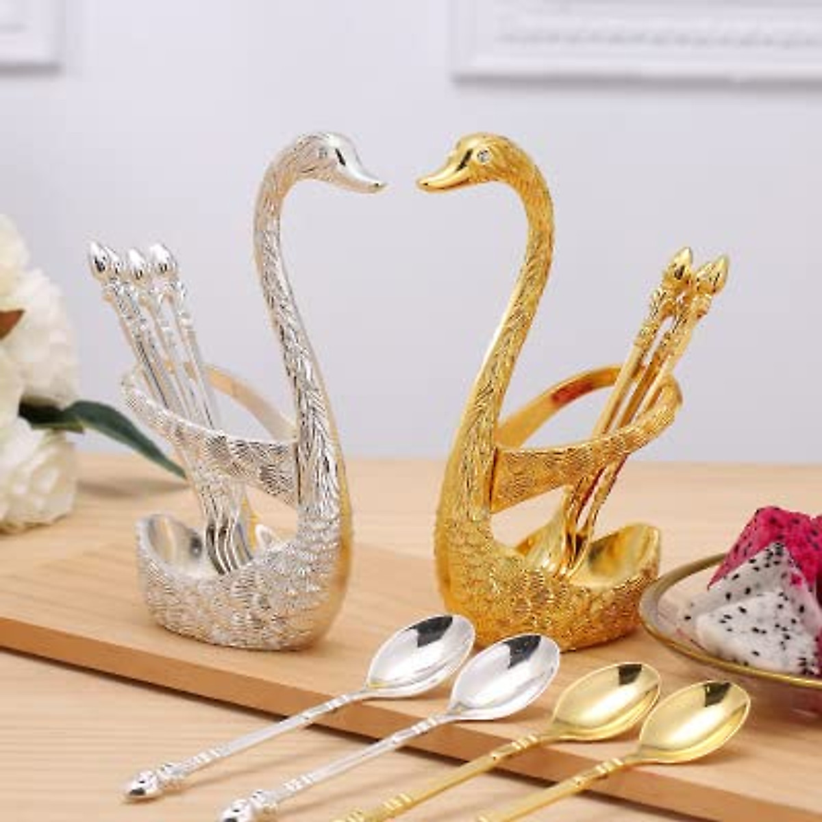 Coffee Spoon Set, Swan Base Holder Spoon Organizer Stainless Steel Dessert Teaspoons Creative Tableware Organizer Decoration Dinnerware for Household Stirring Mixing Cappuccino Sugar Cake Soup(Gold)