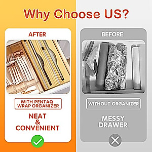 PentaQ Foil and Plastic Wrap Organizer, WrapNeat 2 in 1 Plastic Wrap Dispenser with Cutter and Labels, Aluminum Foil Organization and Storage, 12" Roll Organizer Holder for Kitchen Drawer (Natural)