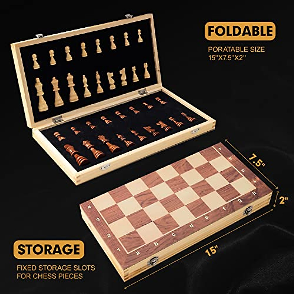 15" x 15" Magnetic Wooden Folding Chess Set with 2 Extra Queens, Handmade Game Board Interior for Storage for Adult Kids Beginner Large Chess Board