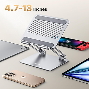 UGREEN Tablet Stand Holder for Desk Dual Rod Support Aluminum Tablet Holder Adjustable Multi-Angle Home Office Accessories Compatible with 2024 iPad Pro 13 12.9 11, iPad Air 11 13 Mini 6 5 Silver
