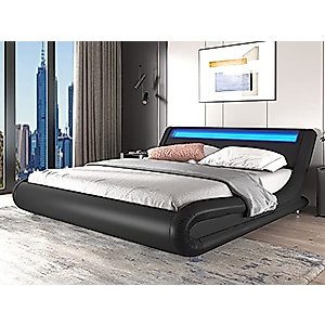 SHA CERLIN Upholstered Modern Bed Frame with LED Headboard/Mattress Foundation/No Box Spring Needed/Strong Wood Slats Support/Easy Assembly, Black, Full