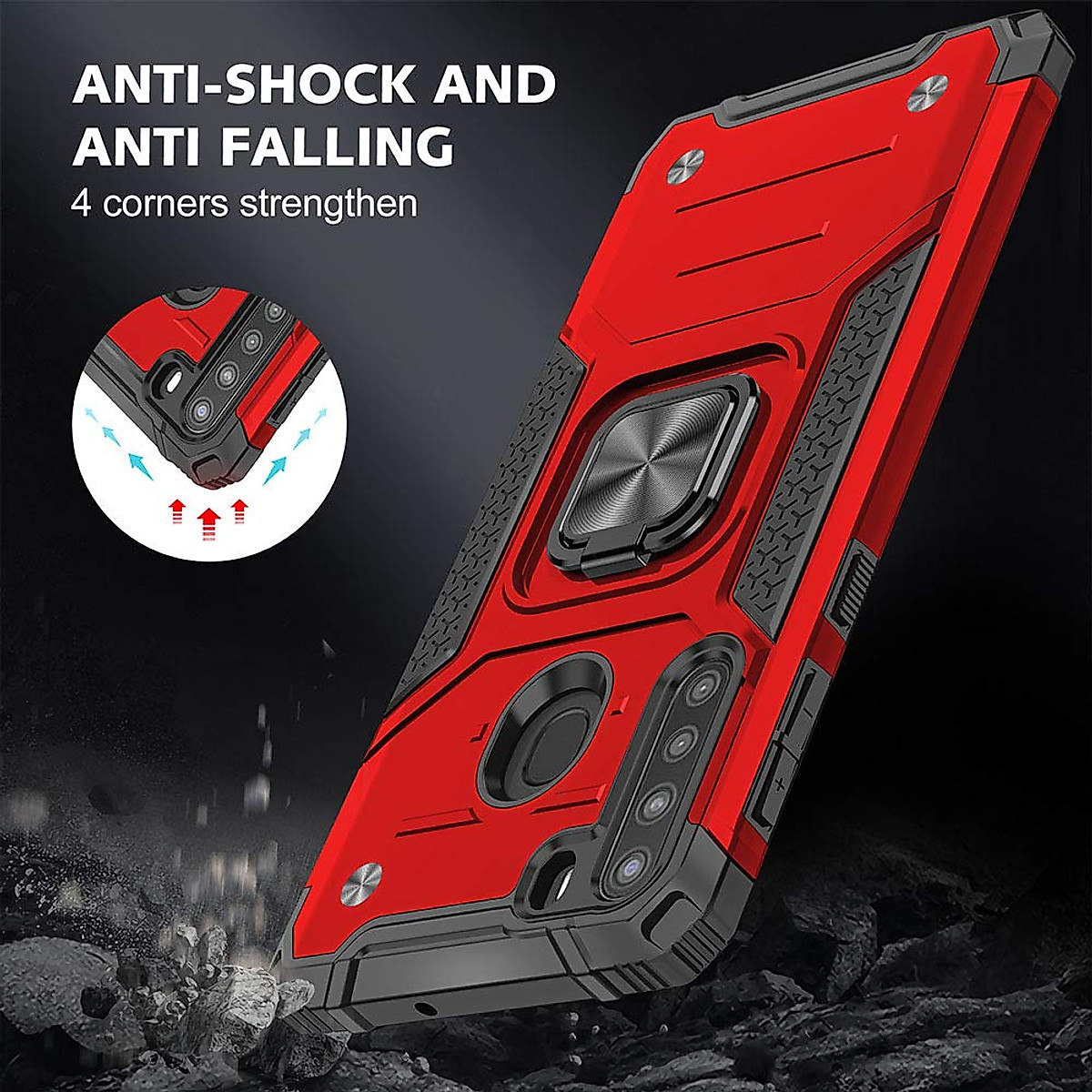 for Samsung A21 Case, Galaxy A21 Case, [ Military Grade ] Heavy Duty Shockproof Hard Rubber Bumper with 360° Rotation with ring kickstand Cases for Samsung Galaxy A21 (Red)