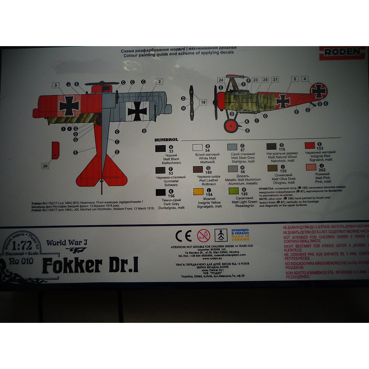 Roden Fokker Dr.I German Triplane Fighter Airplane Model Kit