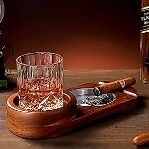 Cigar Ashtray Coaster Whiskey Glass Tray and Cigar Holder, Wooden Ash Tray, Slot to Hold Cigar, Cigar Rest, Cigar Accessories Set Gift for Men Dad, Great Decor for Home,Office or Bar