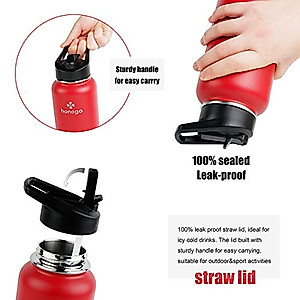 honogo 32 oz Powder Coated Double Wall Vacuum Insulated Sports Water Bottle, 18/8 Stainless Steel Wide Mouth Thermos Flask with Straw Lid & Spout Lid, Leak Proof, Sweat Free, BPA Free (Red, 32 oz)
