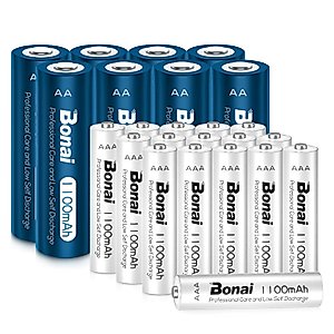 BONAI AAA Rechargeable Batteries 1100mAh (AAA 16 Pack) with Rechargeable AA Batteries Ni-MH 1100mAh 1.2V (AA 8 Pack) for Garden Solar Lights