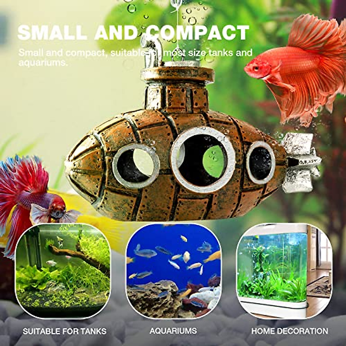 Floating Fish Tank Decoration, Little Cute Retro Submarine Aquarium Decoration with Two Float Balls , Resinous Fish Tank Accessorie, Safe Fish Toy for Betta Cichlid Goldfish Shrimps Hermit Crabs