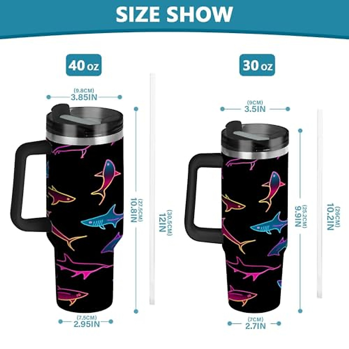 Flradish 30oz Tumbler with Handle, Colourful Sharks Stainless Steel Tumbler with Lid and Straws Double Wall Vacuum Insulated Leakproof Coffee Travel Mug