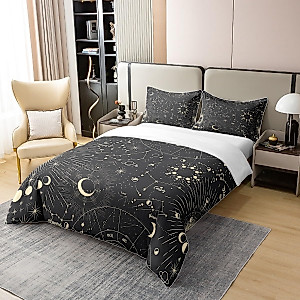 jejeloiu Sun Moon Duvet Cover 100% Cotton Queen Size 1 Panel Boho Exotic Bedding Cotton Duvet Cover Set Solar System Galaxy Astrology Space Bedspread Cover
