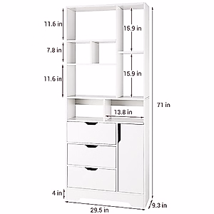 SEJOV Stylish White Bookshelf, 71" Tall Bookshelf with Doors and 3 Drawers, Wood Bookshelf with 4-Tier Open Shelves, for Bedroom Living Room Entrance Hallway Home Office