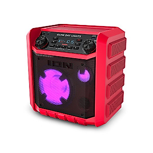 ION Game Day Lights Portable Bluetooth Party Speaker with Karaoke Microphone Lights and Radio for Birthday, Pool Party, BBQ – Powerful, 50W (Red)
