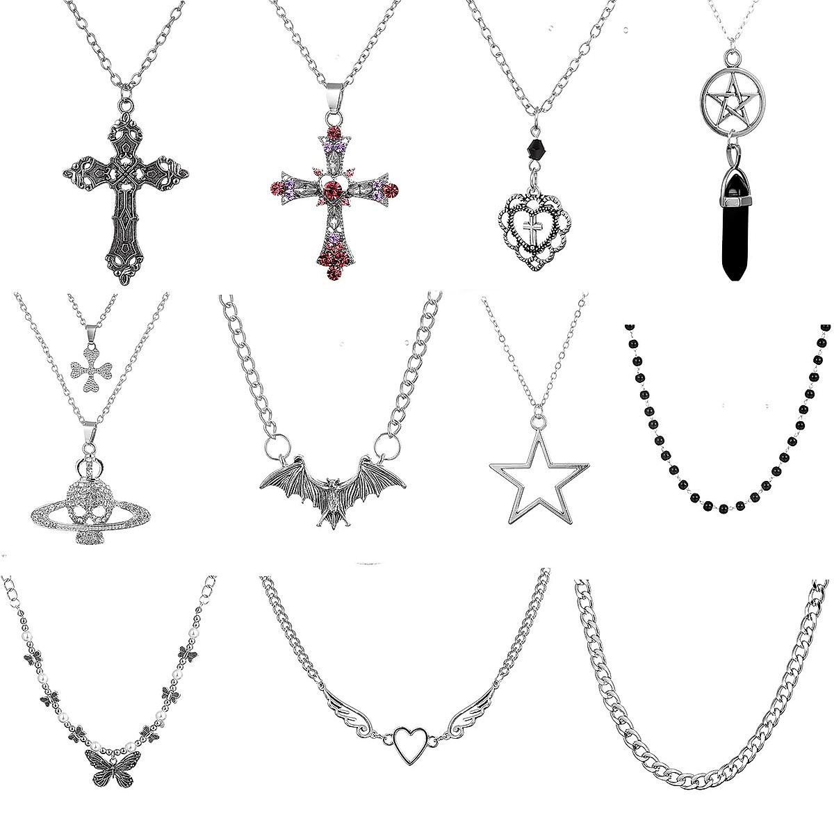 11Pcs Punk Vintage Necklace Set Goth Grunge Saturn Star Indie Butterfly Boho Crystal Y2k Cross Pendent Heart Wing Statement Choker for Women Men