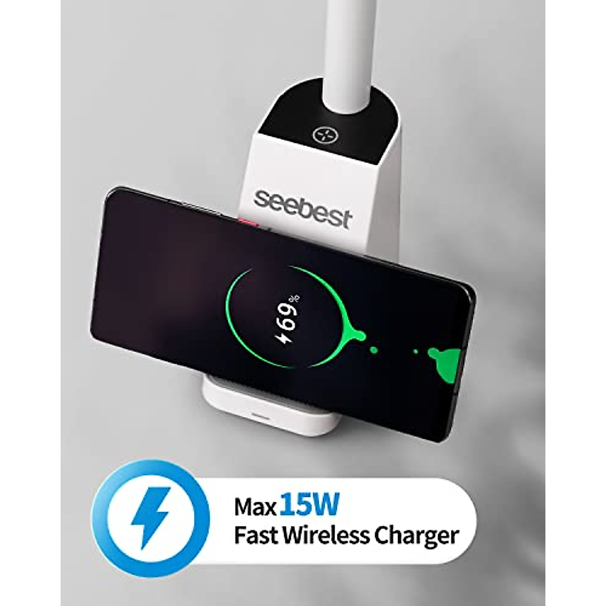 seebest Rechargeable Desk Lamp with 15W Fast Wireless Charger, USB Charging Port, Table Lamp for Home Office, Touch Control Eye-Caring Stepless Dimming, Foldable Little Lamp, for Reading Work