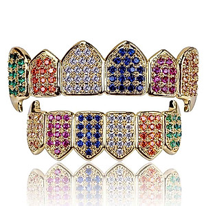 KMASAL LC8 Jewelry Hip Hop Unisex Men 18K Gold Plated Rainbow Iced Out CZ Simulated Diamond Top and Bottom Teeth Grillz Set for Women (Gold)