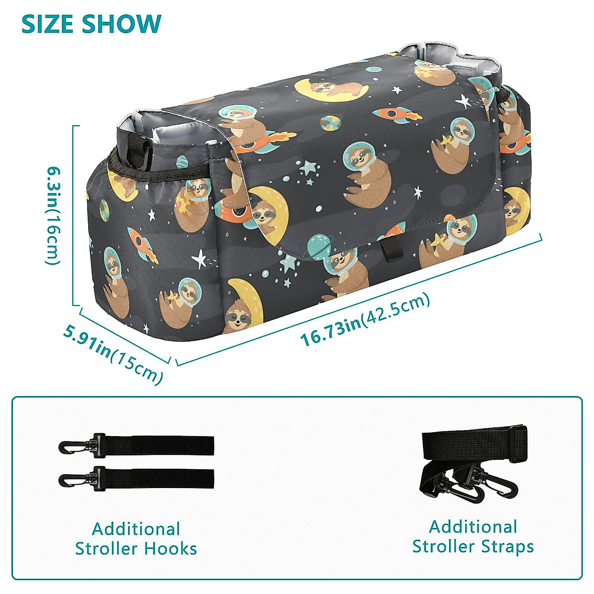 Sloth Astronaut Rocket Stroller Organizer with Cup Holder Universal Stroller Organizer Bag Detachable Shoulder Strap Stroller Accessories for Diaper Snacks Toys Keys Fit All Baby Stroller