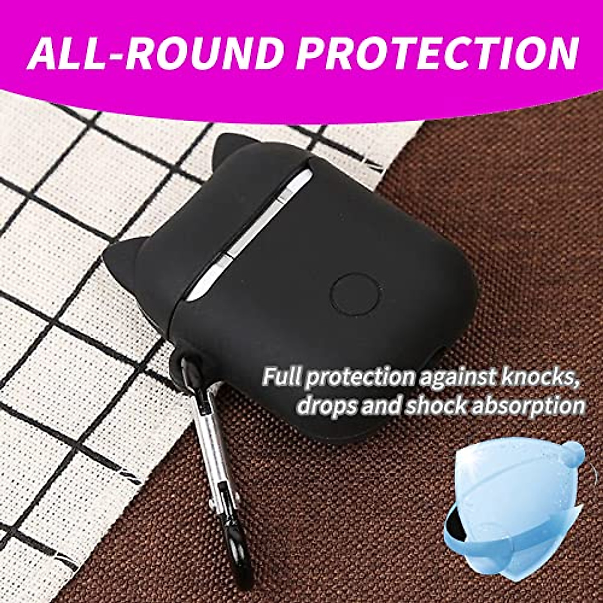 Cat Airpod Case Black Whisker Cat Kitty Fun Funny Designer Unique Shell 3D Cartoon Animals Full Protection Shockproof Soft Silicone Charging Case Cove with Keychain for Men Girls Women Boys