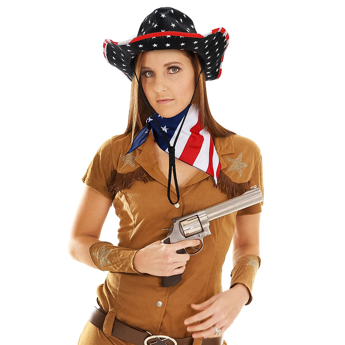 Jeere 3 Pcs American Flag Cowboy Hat with Bandana and Glasses Vintage Outdoor USA Hats with Strap Western Party Memorial Day(USA Flag)