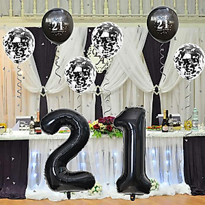 21st Birthday Balloons Black, 21st Birthday Decorations for Him with Large Number 21 Foil Balloon Birthday Confetti Balloons Metallic Black Latex Balloons for Her Girls Boys 21 Years Old Bday Decor