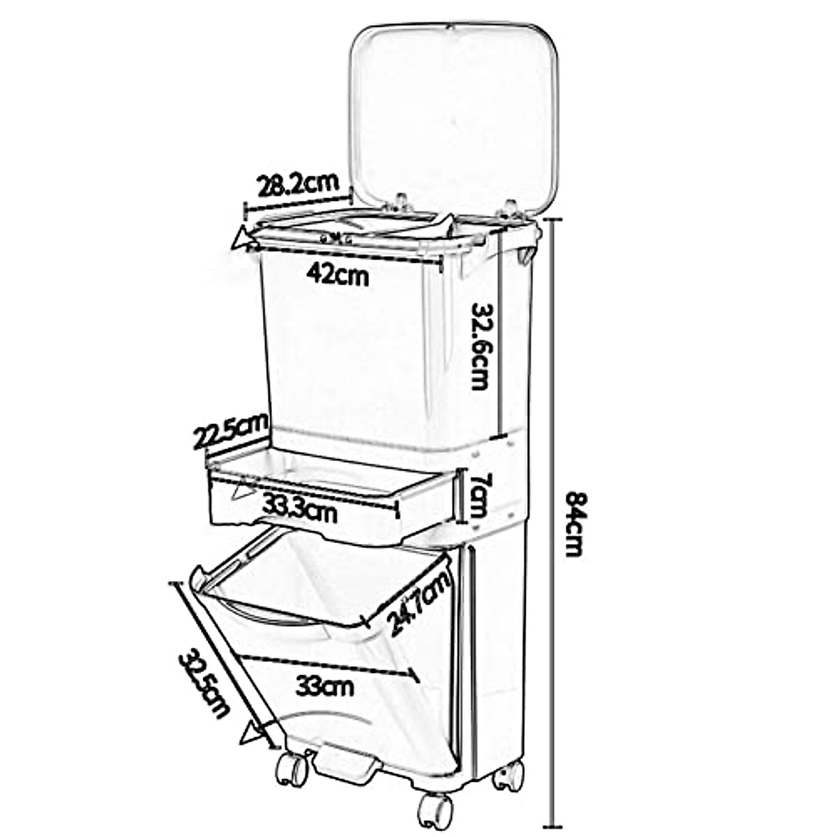 taimowei 42L Waste Bin Trash Can Dustbins Wheel Pedal Type with Lid 3-Layer Paper Basket Kitchen 42X28.2X112.2CM
