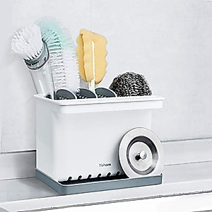 YOHOM Kitchen Sink Caddy Sponge Holder Organizer Brush Holder 2-in-1 Sinkware Caddy with Sink Drain Tray for Kitchen Dish Sponge Holder with 4 Adjustable Divider