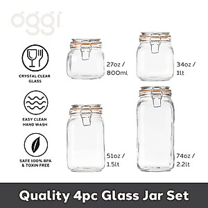 Oggi 4 Piece Airtight Glass Storage Containers Set - Includes 4 Glass Kitchen Canisters with Clamp Lids & Silicone Seals - Farmhouse Kitchen Décor, Kitchen Storage, Pantry Storage, Food Storage