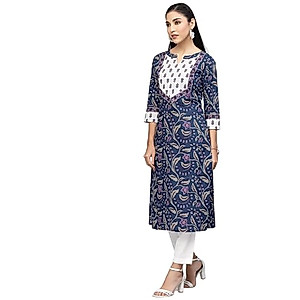 Indian Women's Girls Tunic Tops Crepe Floral Print Straight Kurti Kurta (as1, alpha, x_l, regular, regular) Blue