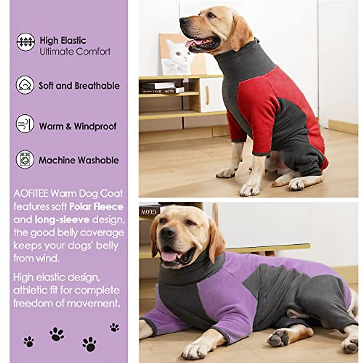 AOFITEE Dog Winter Coat, Warm Pullover Dog Fleece Pajamas, Soft Fullbody Dog Sweater Jackets for Cold Weather, Turtleneck Windproof Dog Onesie Pjs Jumpsuit for Small Medium Large Dogs, Purple L