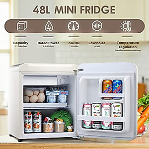 Kismile Retro Mini Fridge with Freezer,1.7cu. ft Small fridge with Adjustable Removable Glass Shelves, Mechanical Control, Compact Refrigerator for Office, Dorm, Bedroom (White)