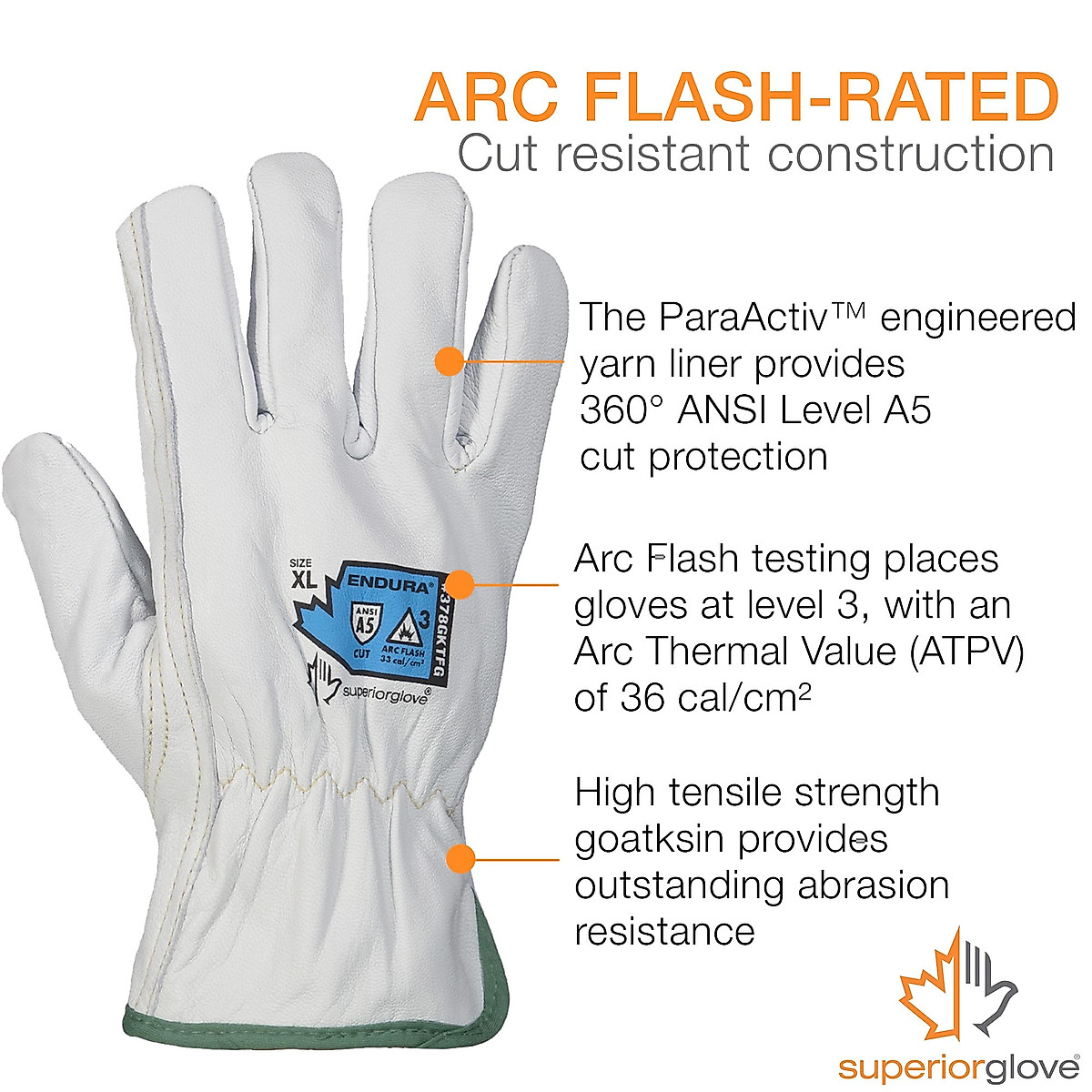 Superior Glove Endura Goatskin Leather Work Gloves with ParaActiv Cut Resistant Protection - Arc Flash Safety Work Gloves 378GKTFG (1 Pair) Large
