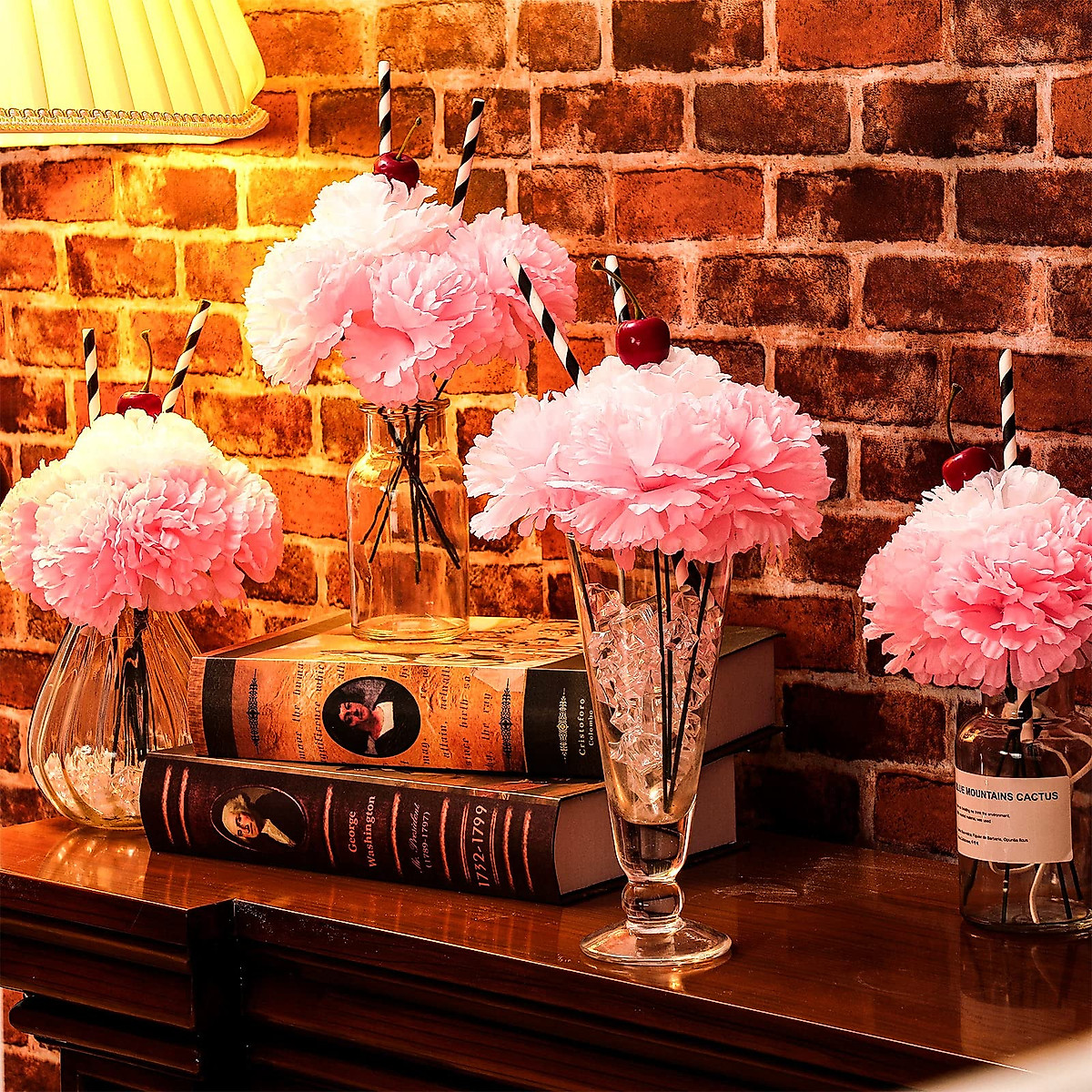 50's Soda Shop Party Decor, Artificial Silk Carnation Picks Set Include White Pink Carnation Flowers and Lifelike Cherries with Paper Straws for DIY Rock and Roll, Containor Wasn't Included (116 Pcs)