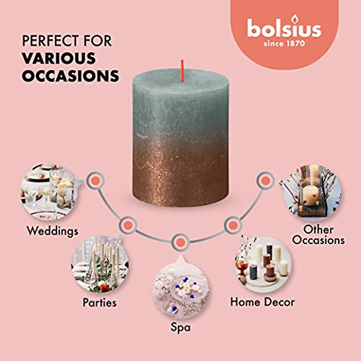 BOLSIUS 4 Pack Eucalyptus Green/Copper Sunset Rustic Metallic Pillar Candles - 2.75 X 3.25 Inches - Natural Eco-Friendly Plant-Based Wax - Unscented Dripless Smokeless 35 Hour Quality European Candles