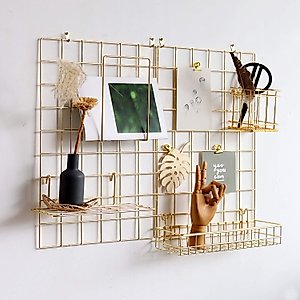 FRIADE Wall Grid Panel for Photo Display,Wall Storage Organizer,5 Metal Clips & 3 S Hooks & 4 Nails & 4 Plastic Hanging Buckles and 4 Screws Offered,Size 17.5" x 11.8",2 Pack(Gold)