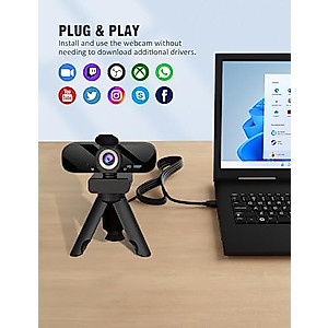 Full HD Webcam with Built-in Microphone and Rotatable Tripod, 1080P Video and Wide Angle Camera, Privacy Cover, for Desktop PC or Laptop Computer (Webcam with USB Cable)