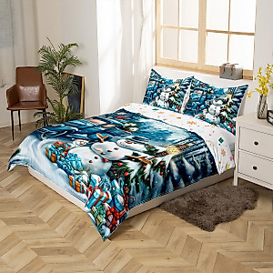 Manfei Christmas Duvet Cover,Snowy Trailer Truck Xmas Gifts Quilt Cover(No Filler),Winter Snowman Pine Trees Romantic Blue White Bedding Set with 2 Pillowcases,Teens Room Decor,Queen Size