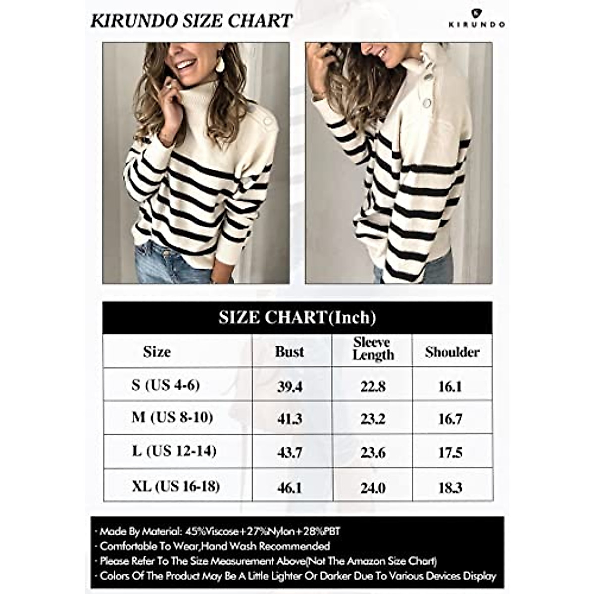 KIRUNDO Women's 2023 Fall Winter Long Sleeve Knit Sweater Turtleneck Striped Loose Pullover Tops Deco with Metal Buttons(White, Small)