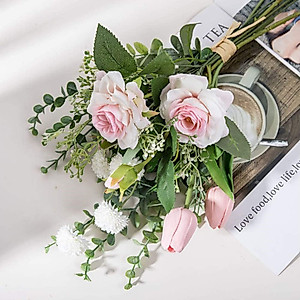 KIRIFLY Artificial Flowers Fake Silk Roses Eucalyptus Stems Floral Arrangements Wedding Bouquets Decorations Table Centerpieces Plastic Faux Plants Décor(Pink White)